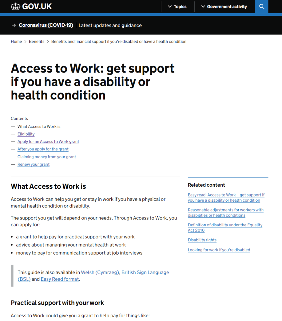 Access To Work - Support for Disabilities/ Health Conditions