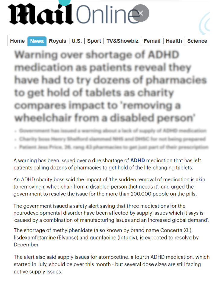 Mail Online: ADHD drug shortage warning as patients have to try dozens ...